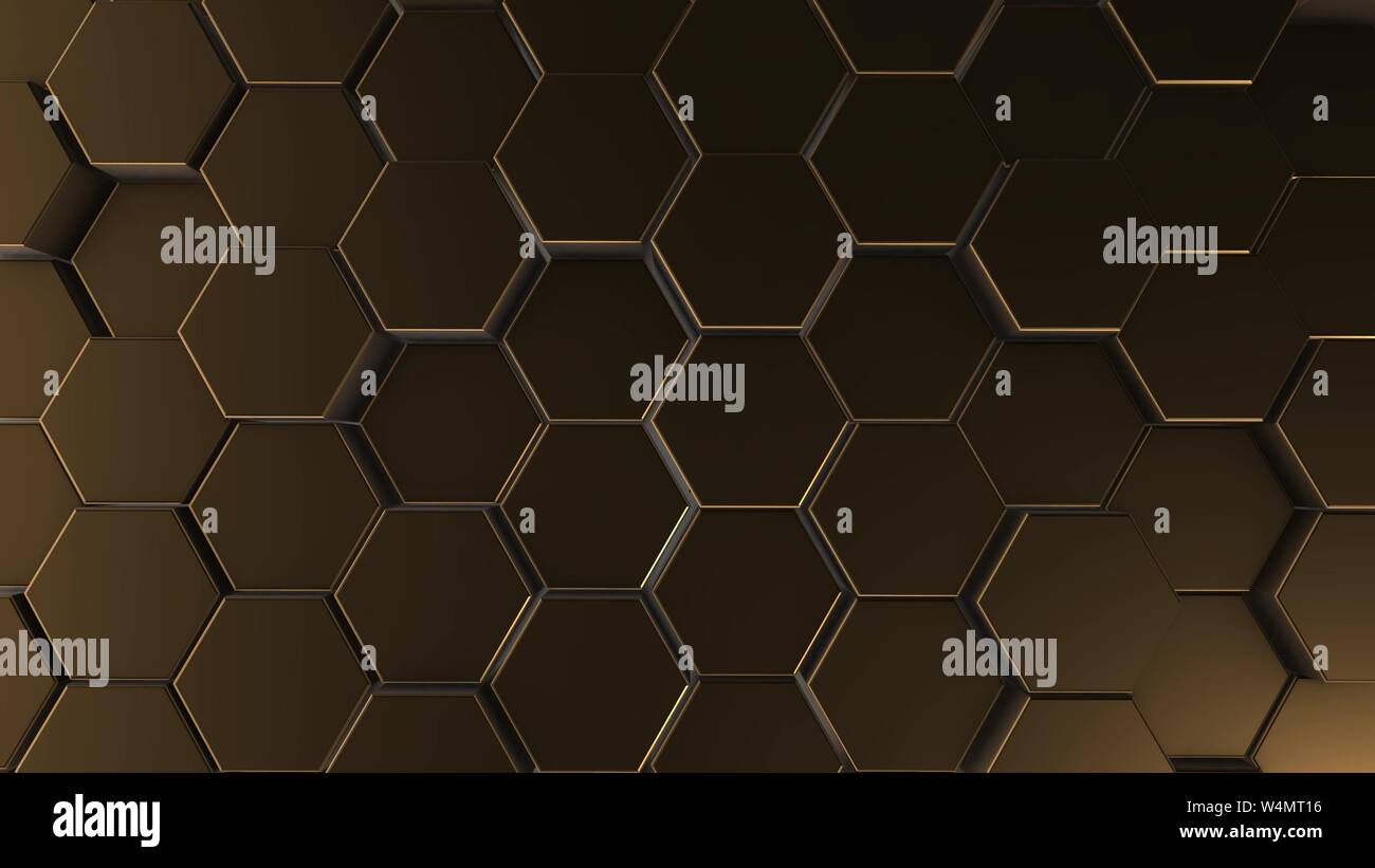 Gold hexagon geometry background. 3d illustration of simple primitives ...