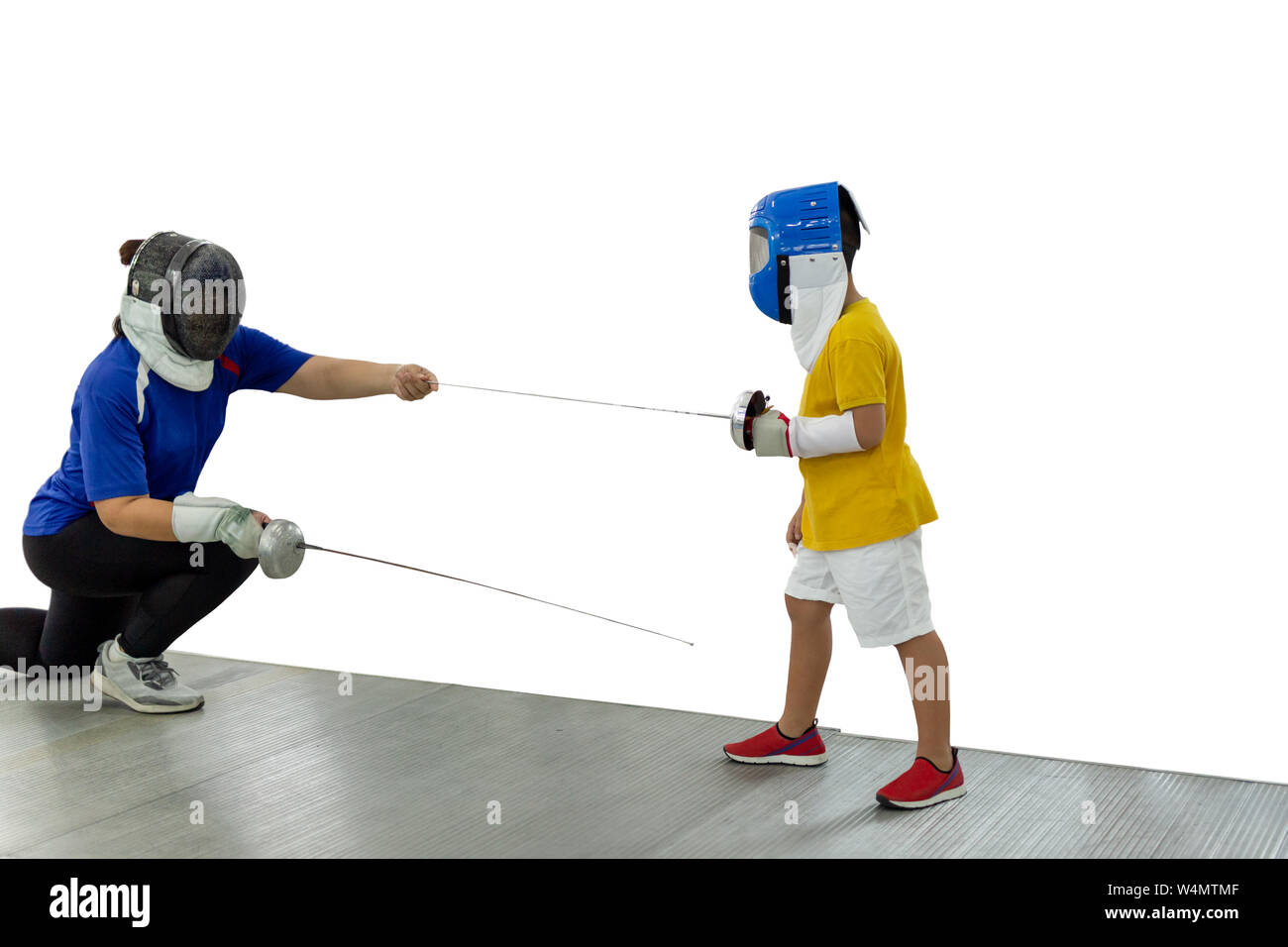 Little boy leaning fencing with mask and sabre isolated in white ...