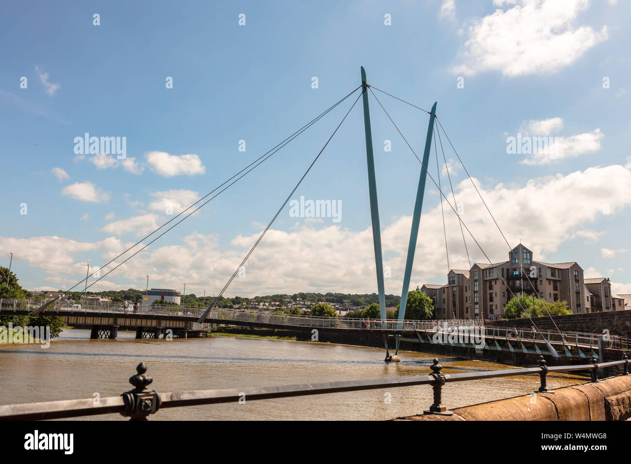 Landscape with River Lune Millennium Bridge in the city of Lancaster ...