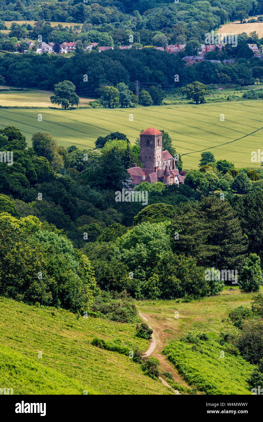 Little Malvern Priory from the summit of Millennium Hill in the Malvern ...