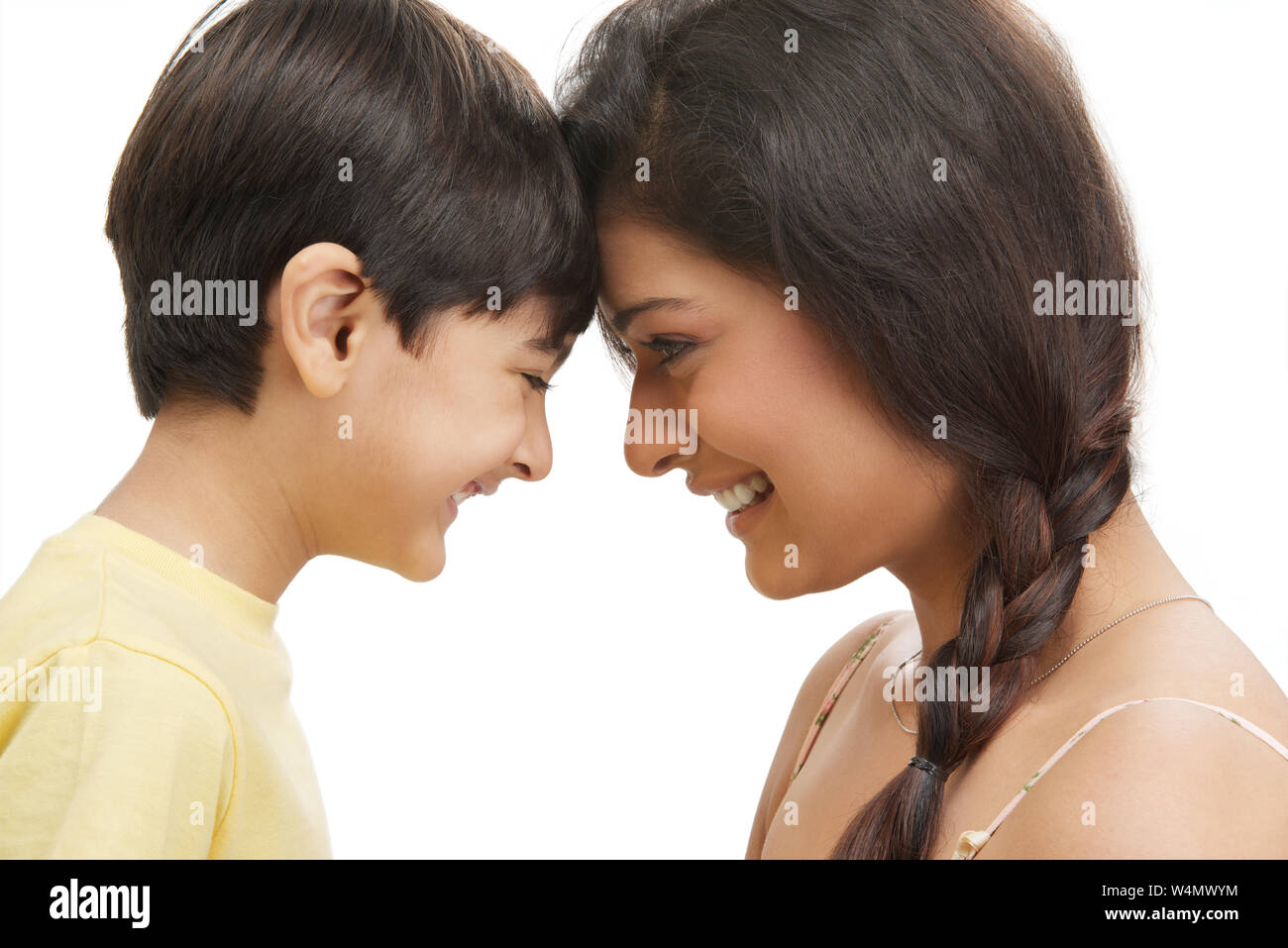 Mother and son touching foreheads and smiling Stock Photo - Alamy
