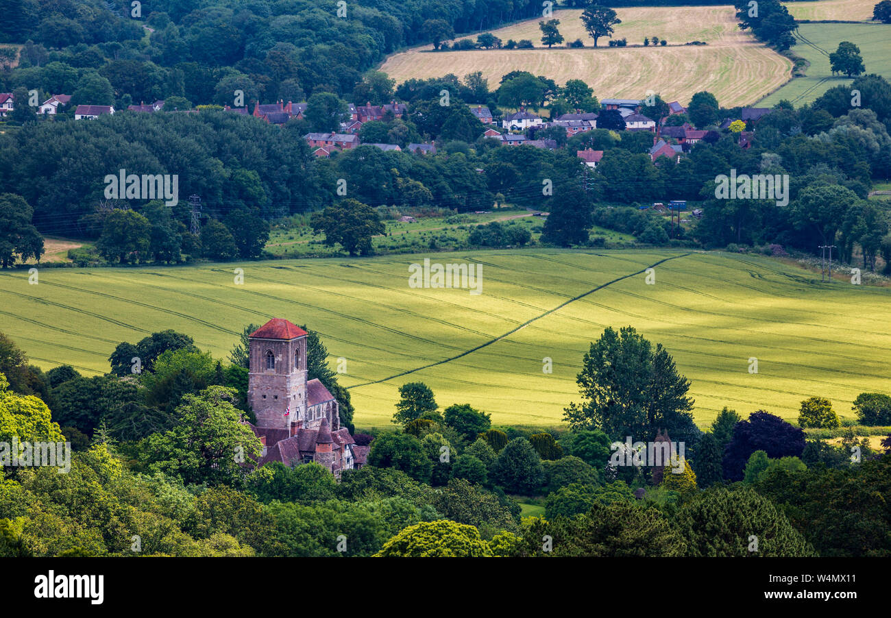 Little Malvern Priory from the summit of Millennium Hill in the Malvern ...