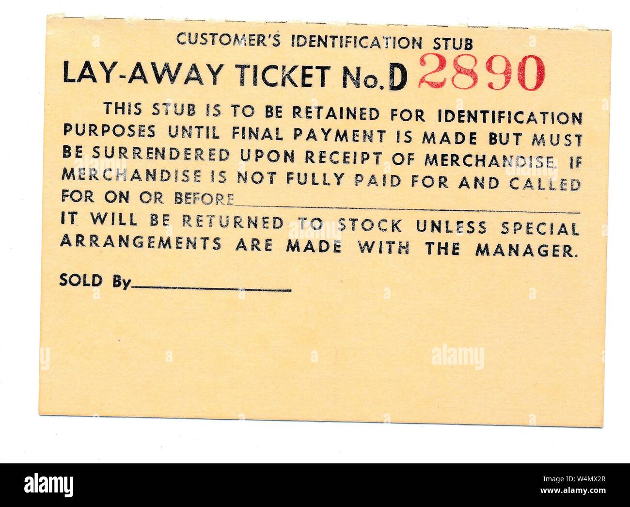 The customer half of an un-used, vintage lay-away ticket stub, 1955 ...