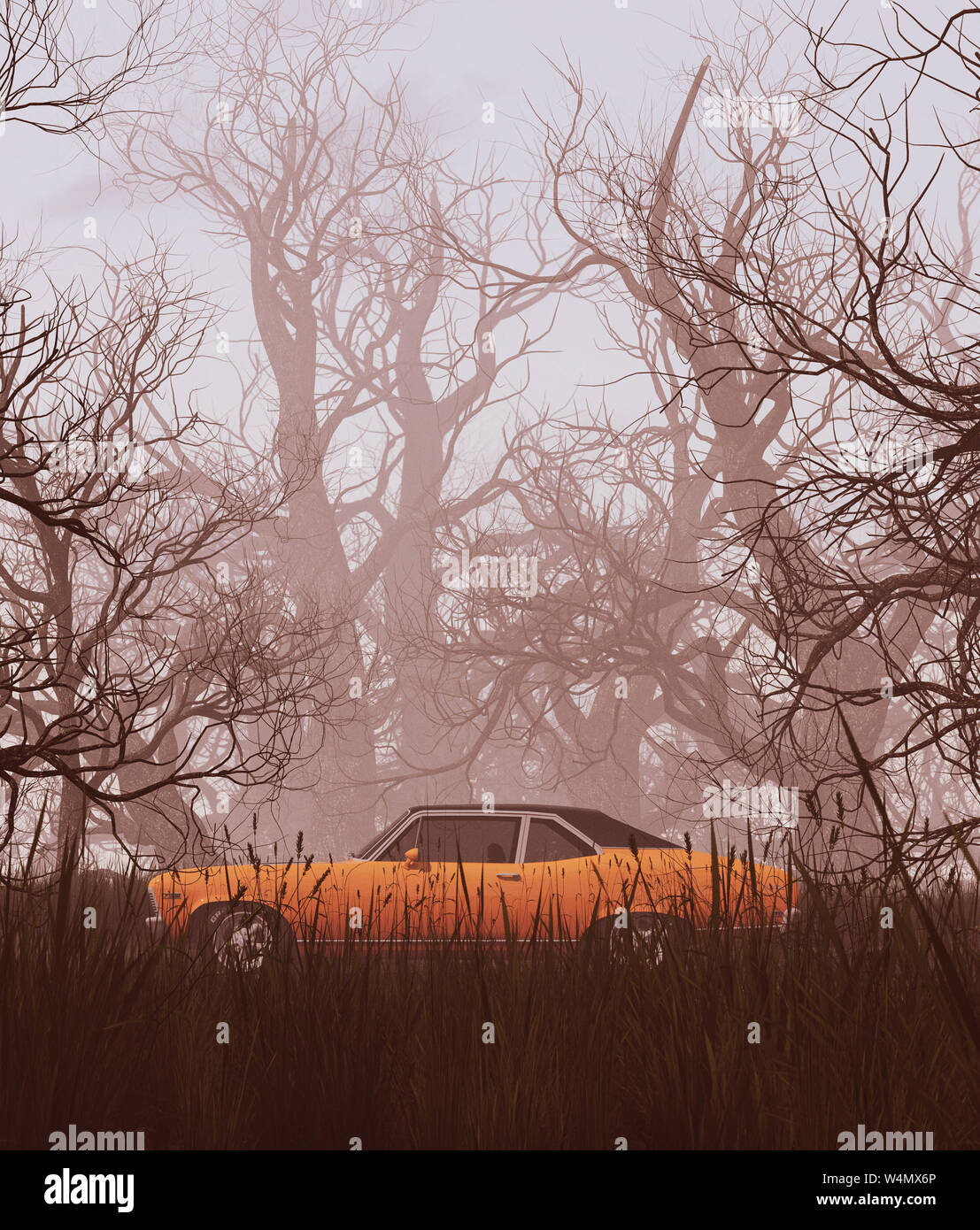 Lost car,An old vehicle parked in creepy forest,3d rendering for book ...