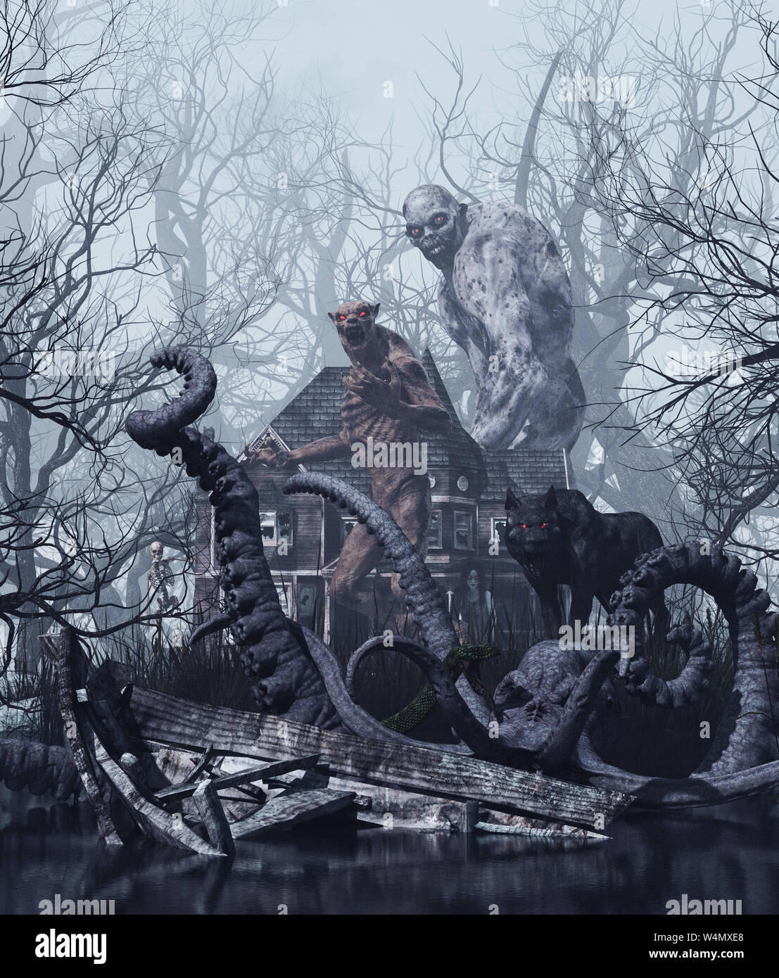 Creatures comes home,3d rendering for book cover or book illustration ...