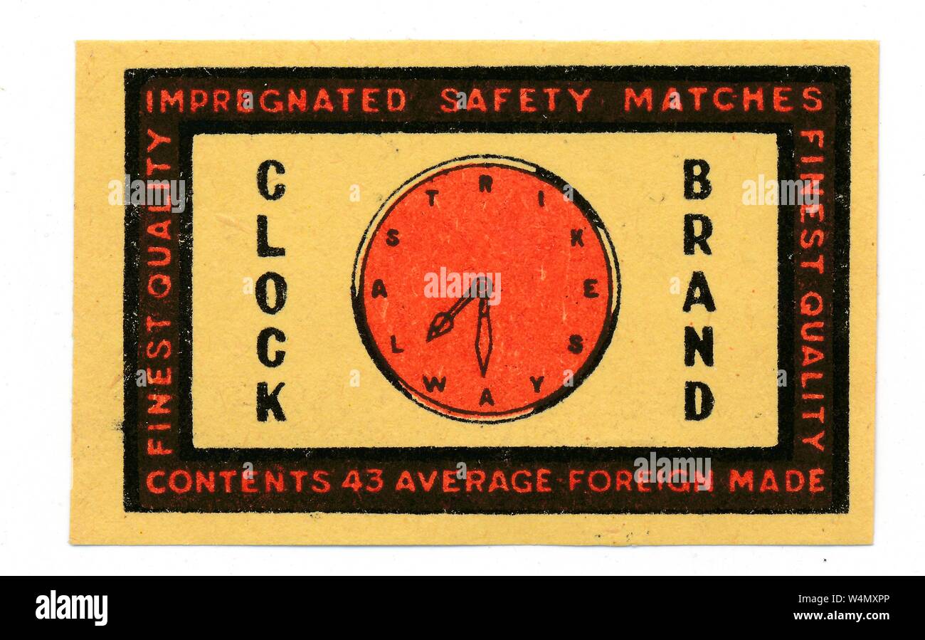 Vintage 'Clock Brand' matchbox label, with an image of a clock ringed ...