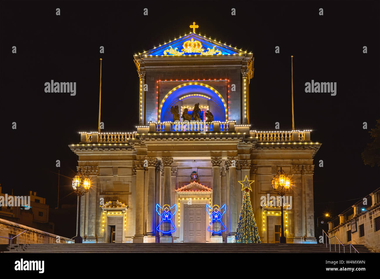 Night view of Kalkara St.Joseph Church in Kalkara, Malta with Christmas ...