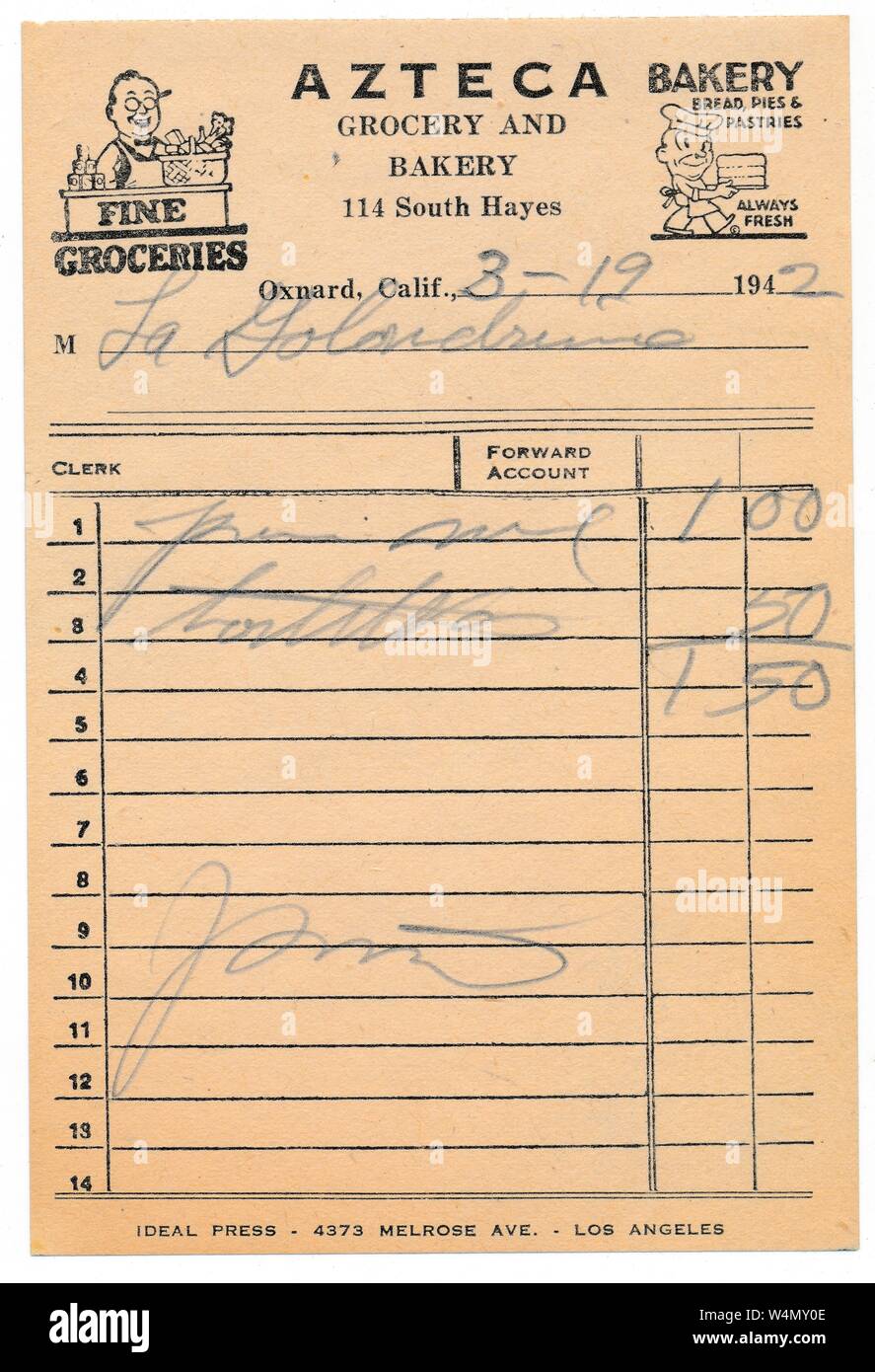 A handwritten receipt from 'Azteca Grocery and Bakery, ' Oxnard ...
