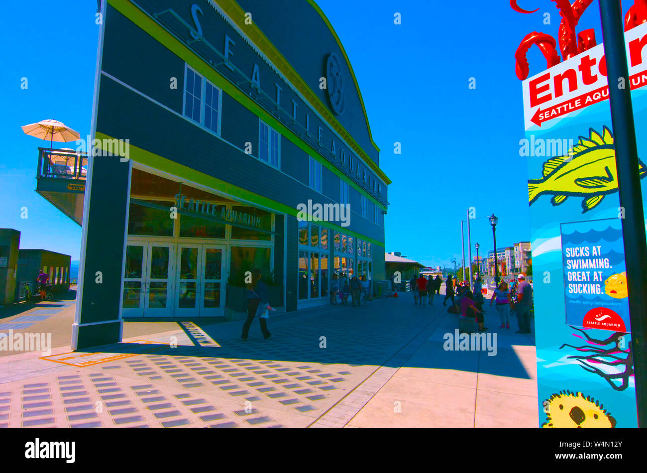 A Seattle waterfront restaurant with the iconic ; Public Market ...