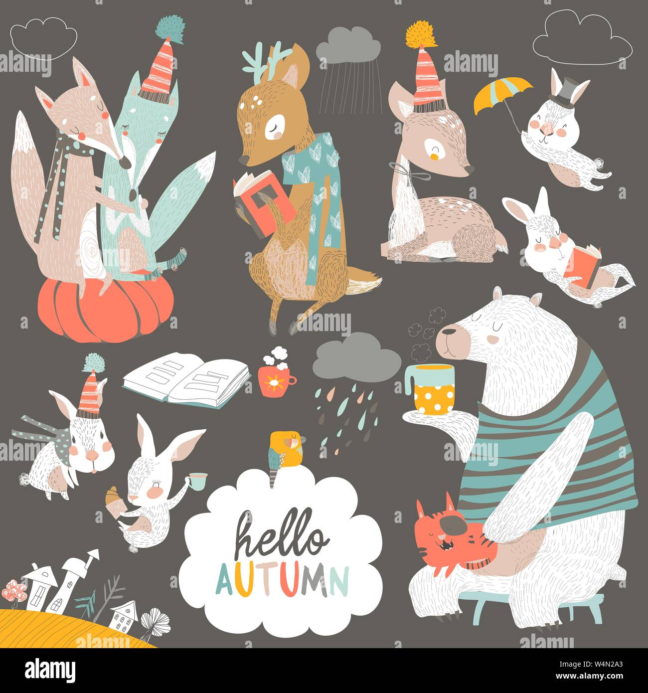 Fall set with cute forest animals in cartoon style Stock Vector Image ...