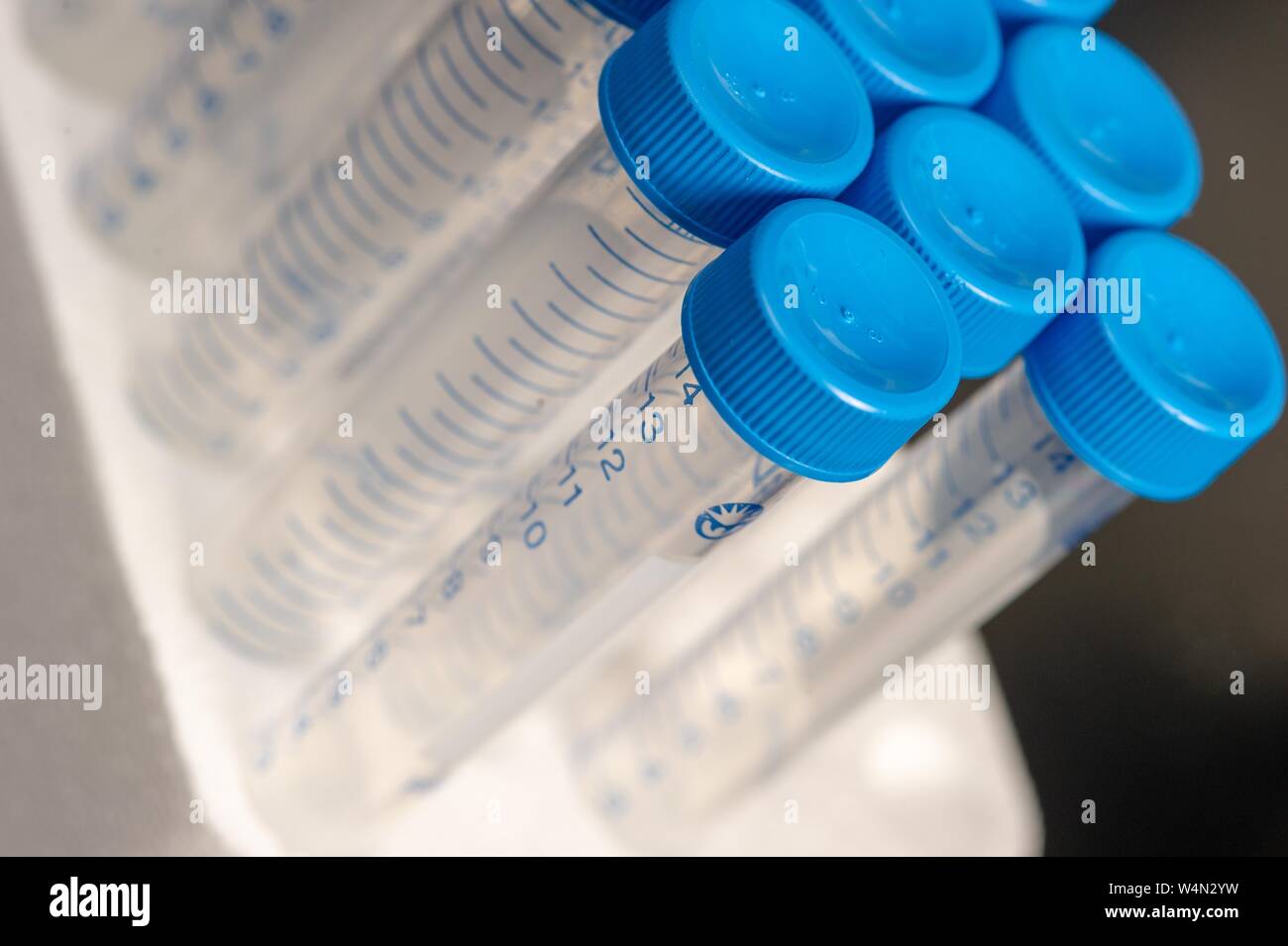 Close-up, selective focus image of a row of plastic sample vials in a ...