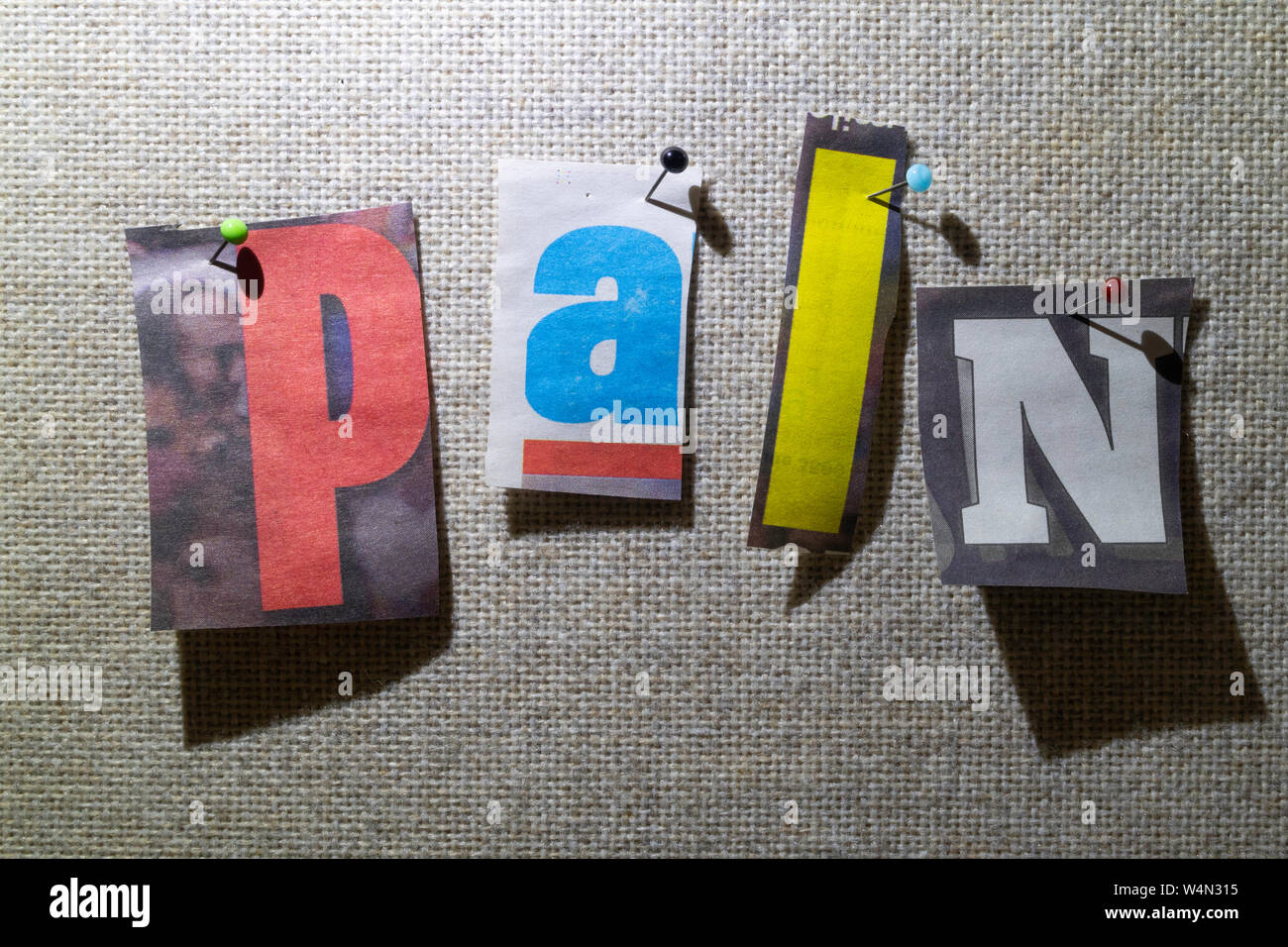 The word Pain on a bulletin board using cut-out paper letters in the ...