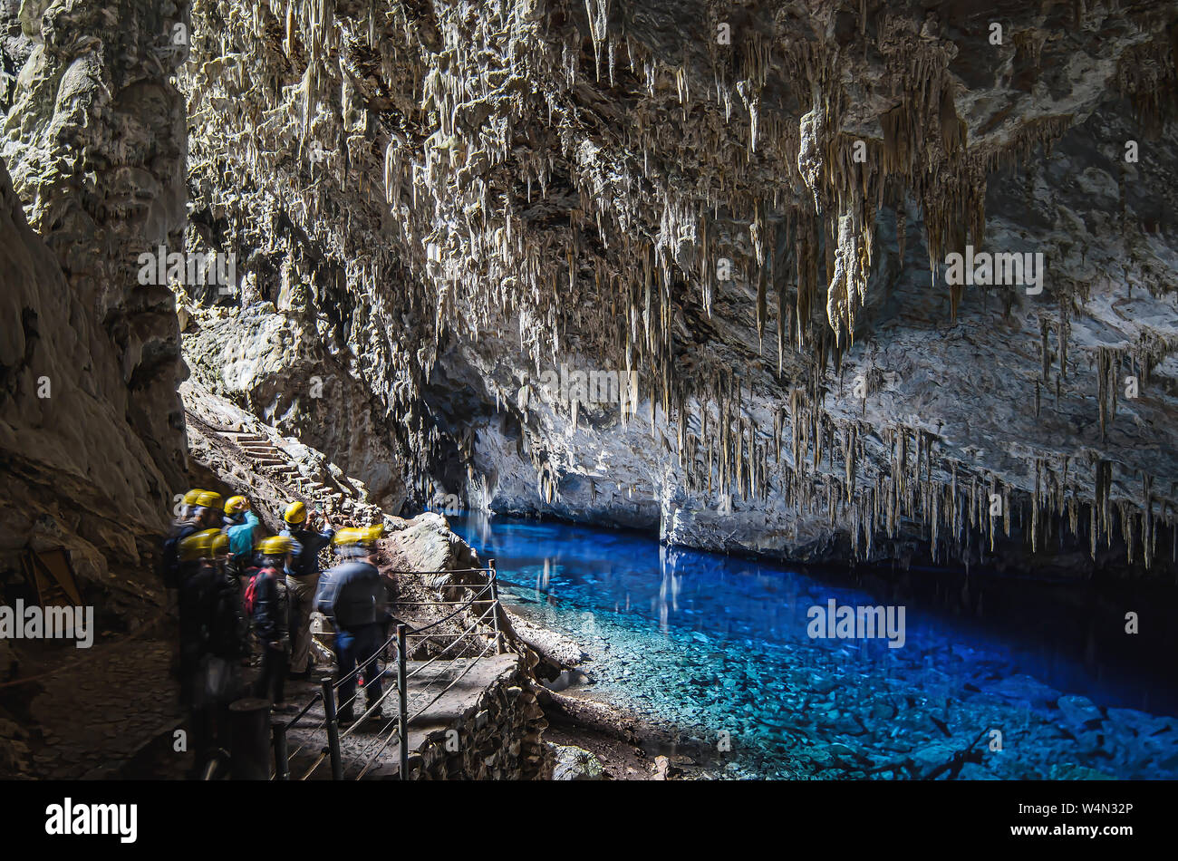 Bonito - MS, Brazil - June 26, 2019: Indoors view of the Monumento Natural da Gruta do Lago Azul ...