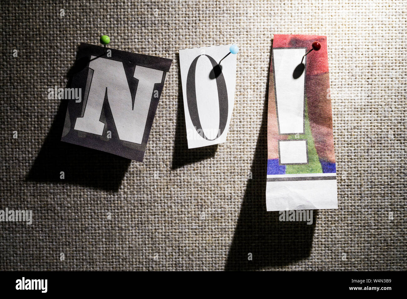 The word NO on a bulletin board using cut-out paper letters in the ...