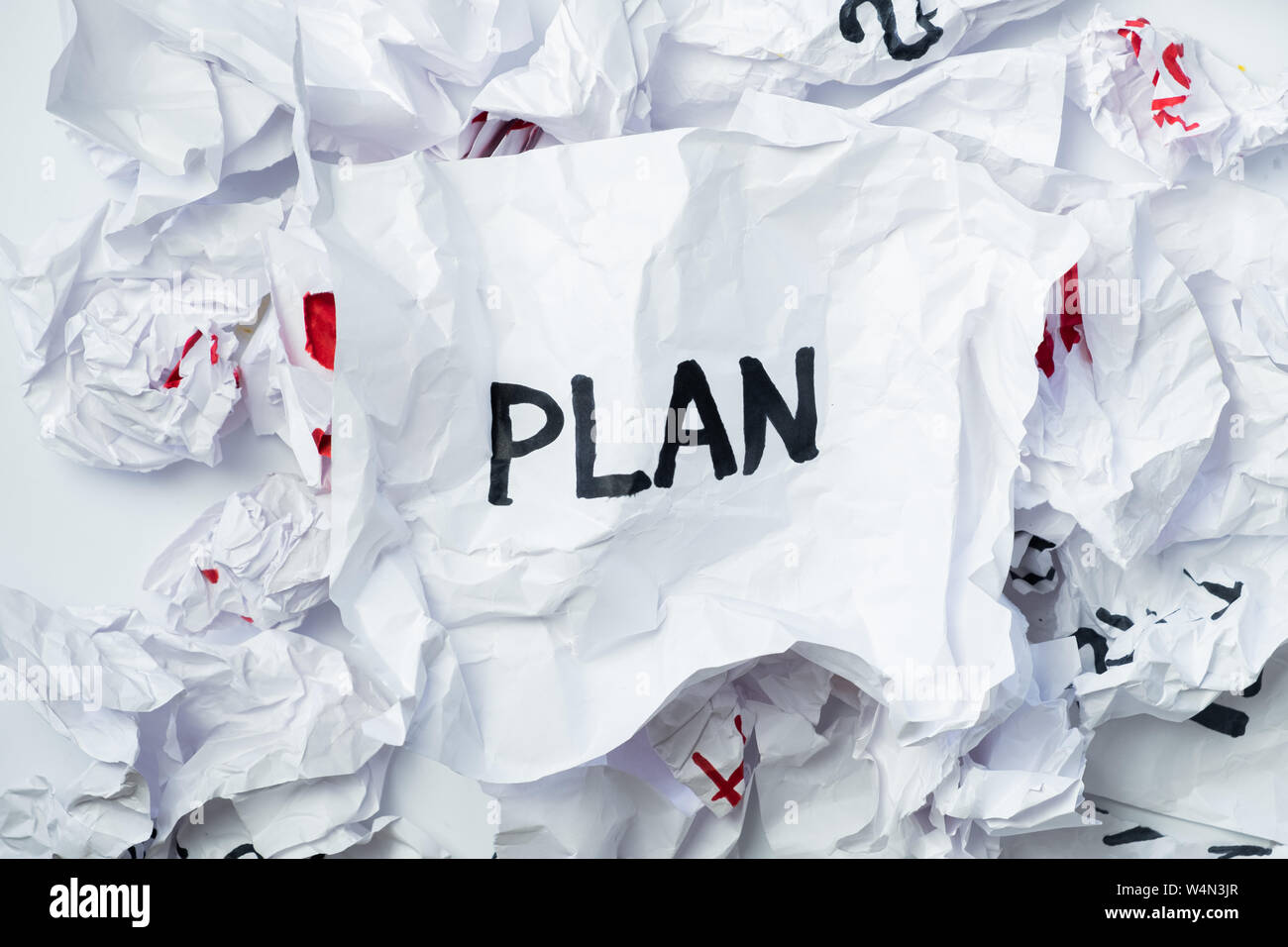 Word "plan" handwritten on crumpled torn paper. Sign, concept of lack ...