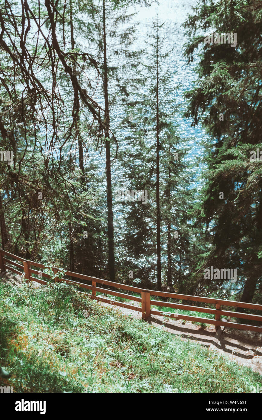 landscape view of downhill trail to the lake water. background Stock ...