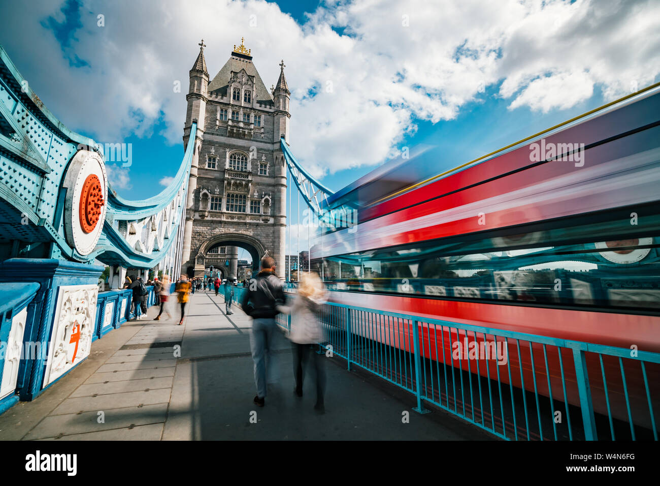 Motion blurred pedestrians and traffic at Tower Bridge in London Stock ...