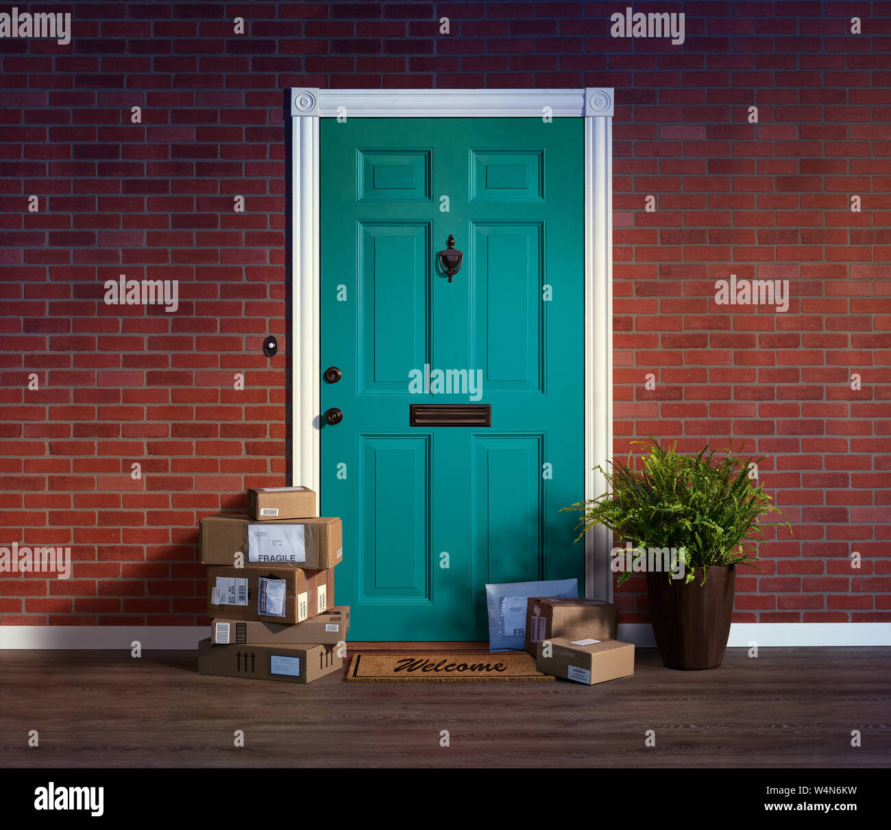 Residential front door with stacks of boxes from online purchases Stock ...