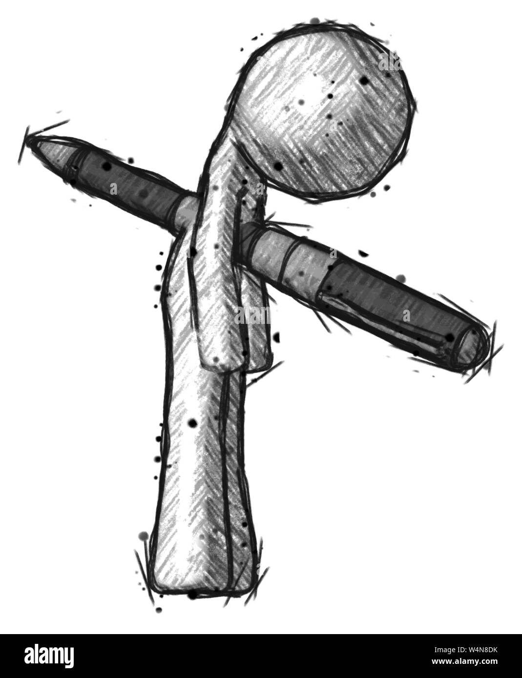 Sketch design mascot man impaled through the chest with a giant pen ...