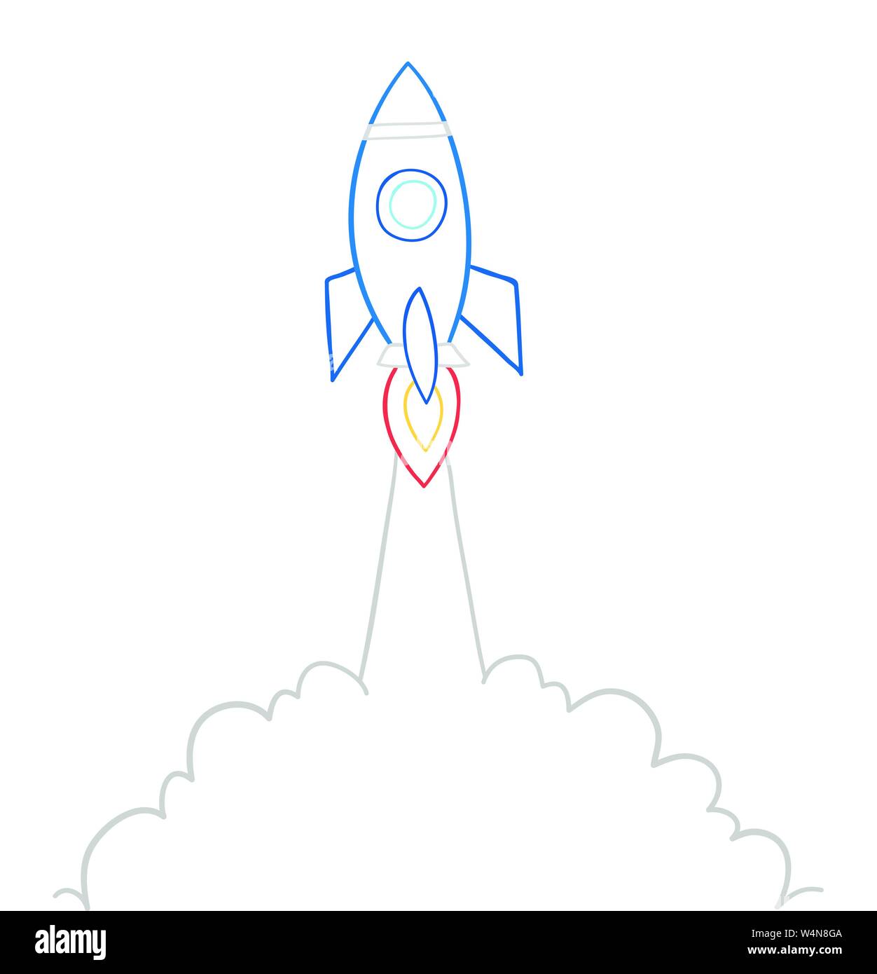 Vector hand-drawn illustration of rocket is flying. Colored outlines ...