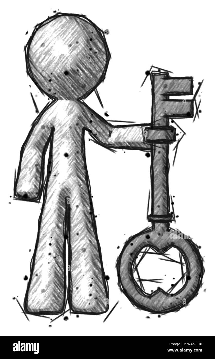 Sketch design mascot man holding key made of gold Stock Photo - Alamy