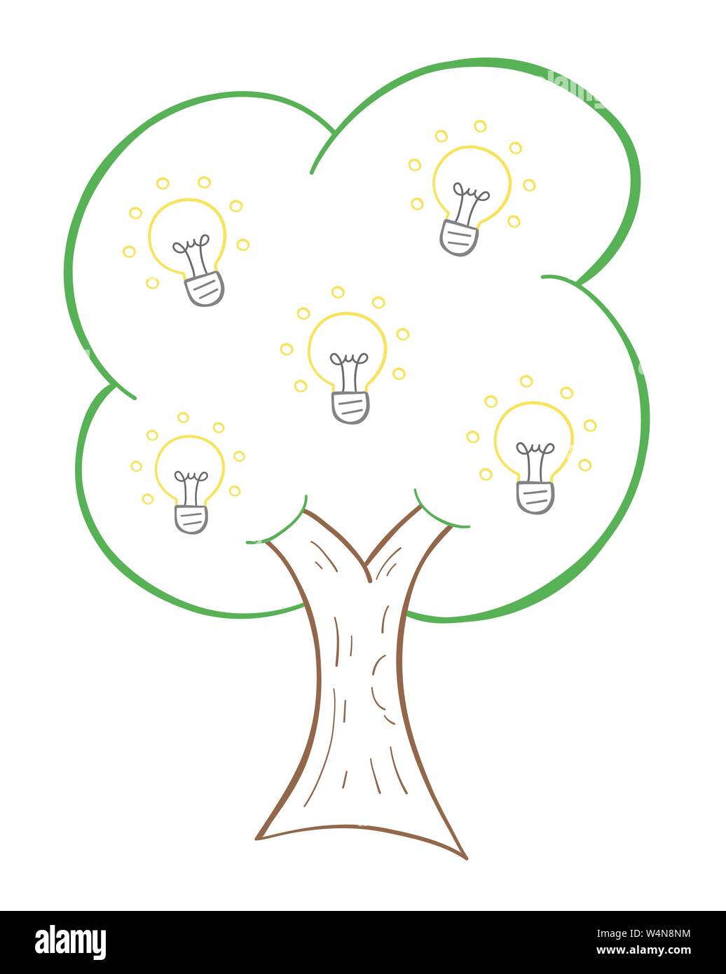 Vector hand-drawn illustration of glowing light bulb idea tree. Colored ...