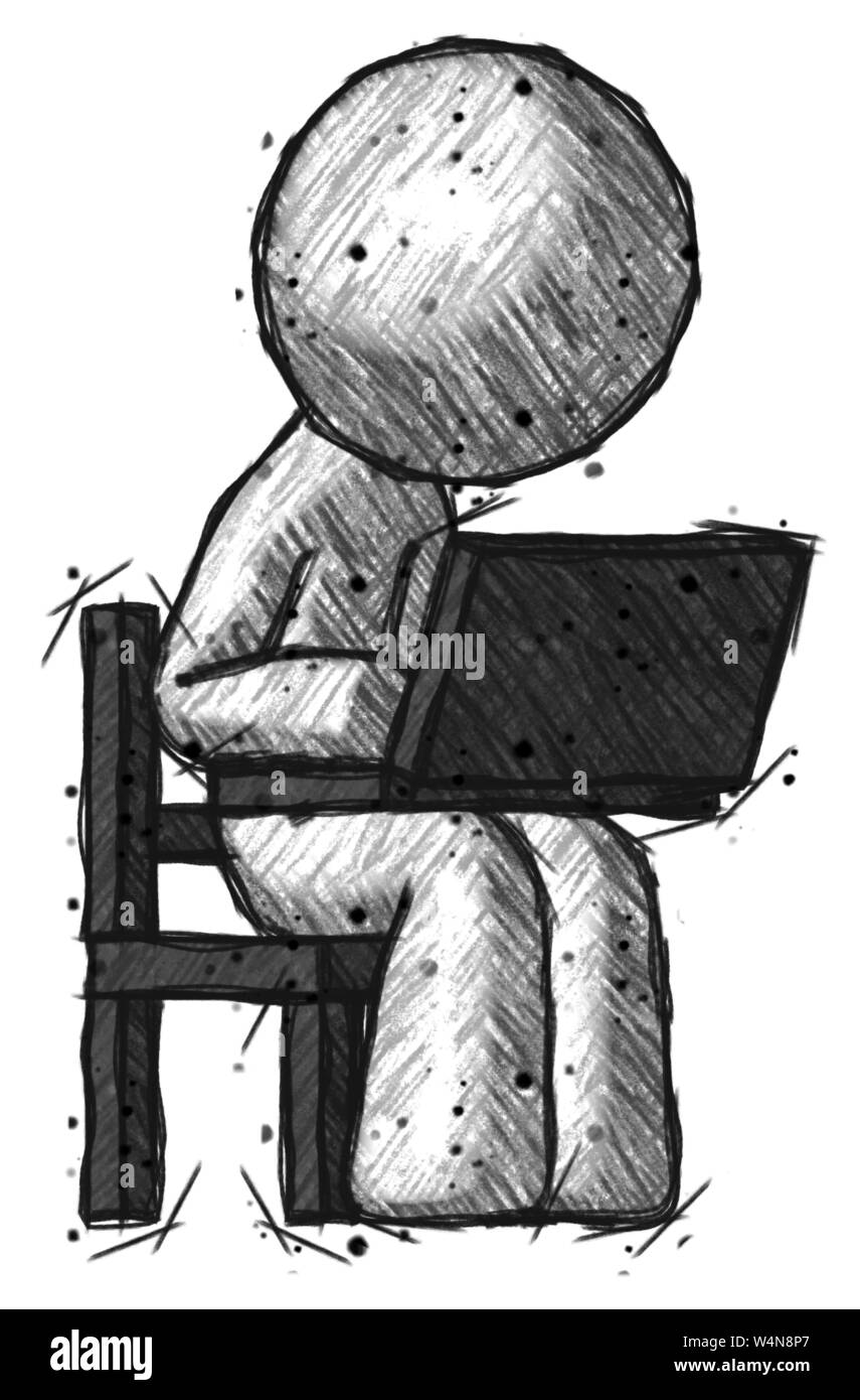 Sketch design mascot man using laptop computer while sitting in chair ...