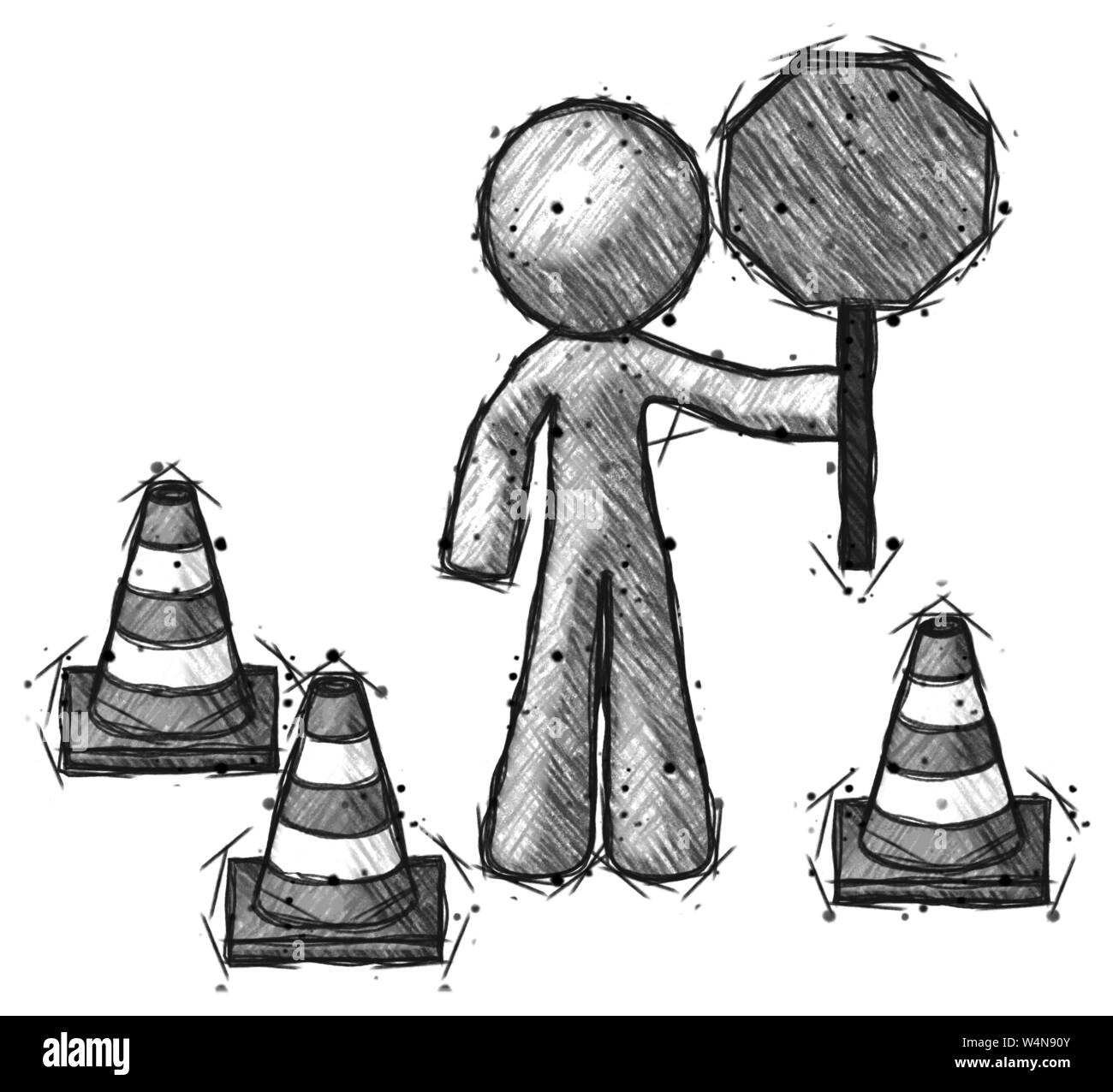 Sketch design mascot man holding stop sign by traffic cones under ...