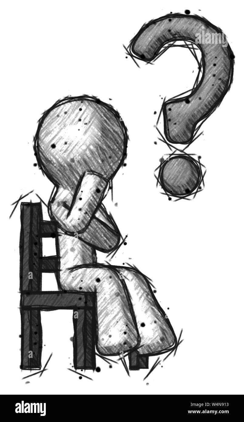 Sketch design mascot man question mark concept, sitting on chair ...