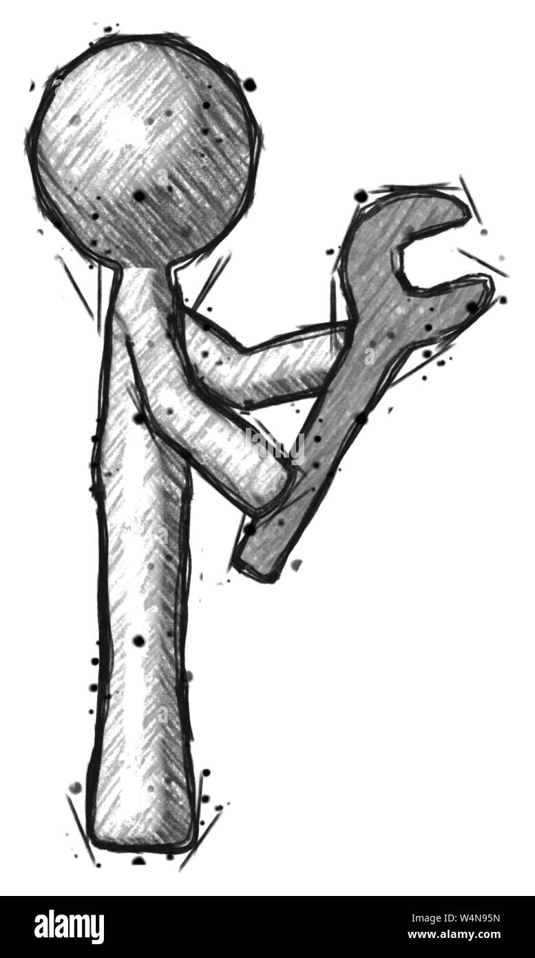 Sketch design mascot man using wrench adjusting something to right ...