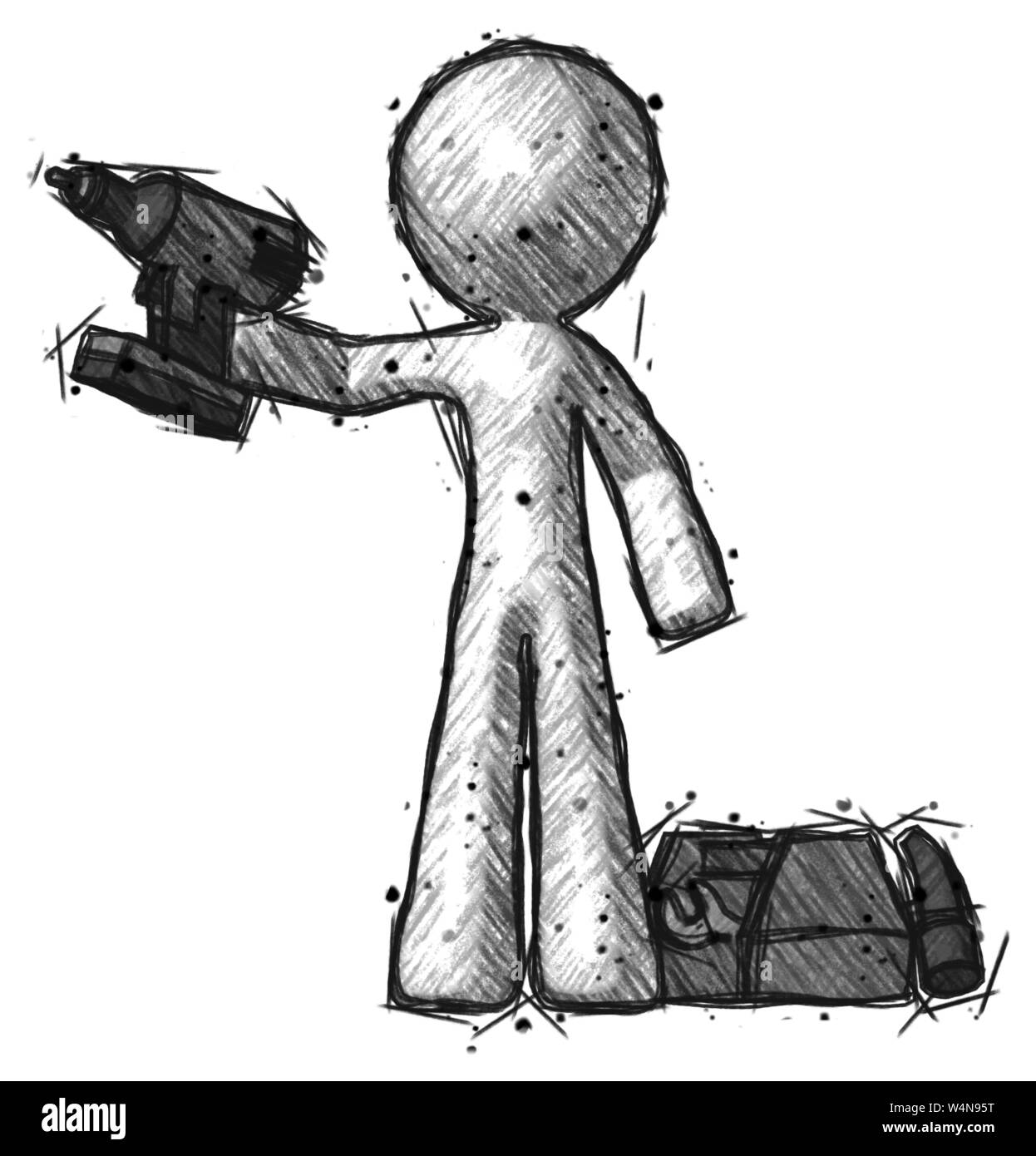 Sketch design mascot man holding drill ready to work, toolchest and ...