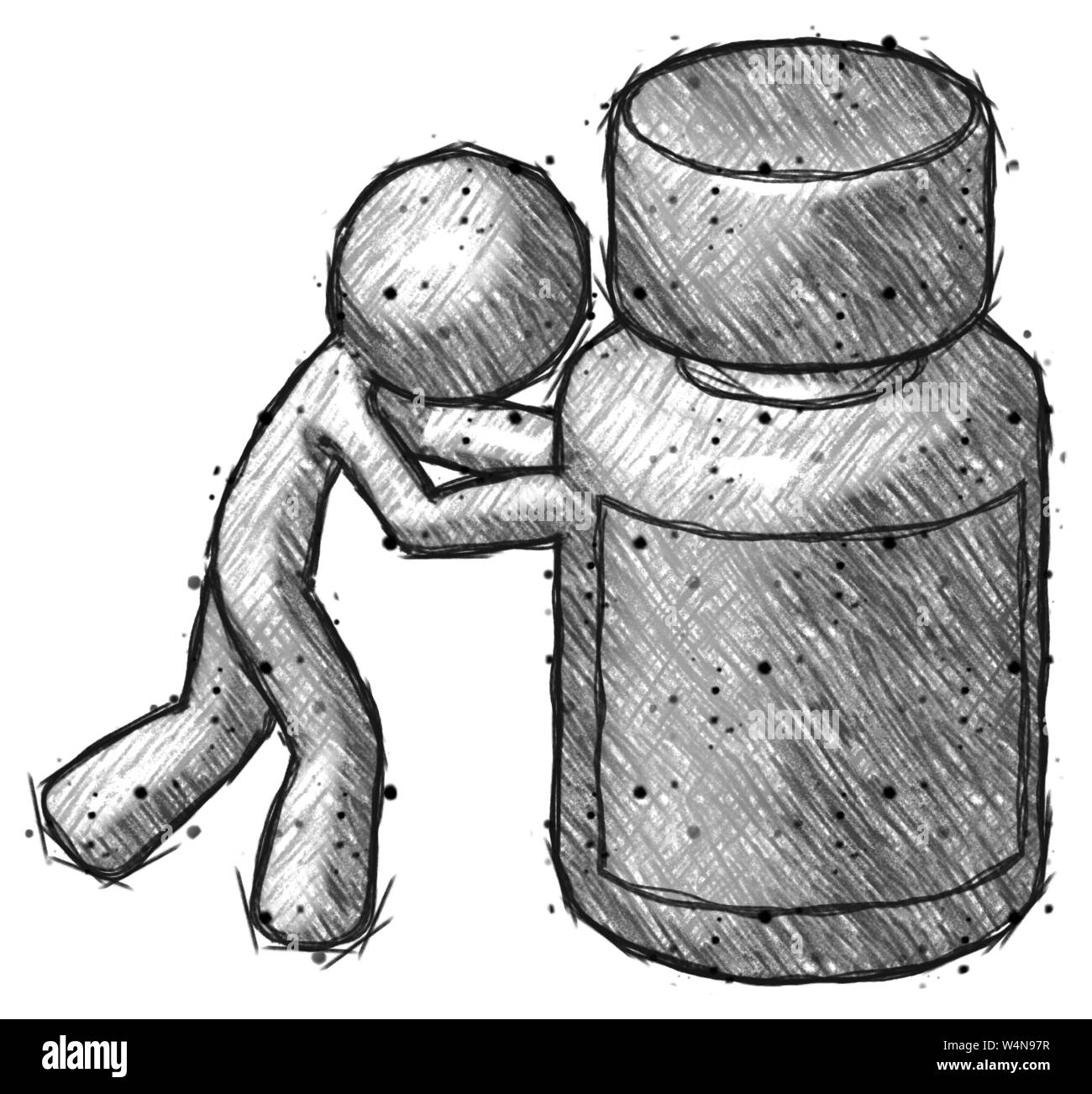 Sketch design mascot man pushing large medicine bottle Stock Photo - Alamy