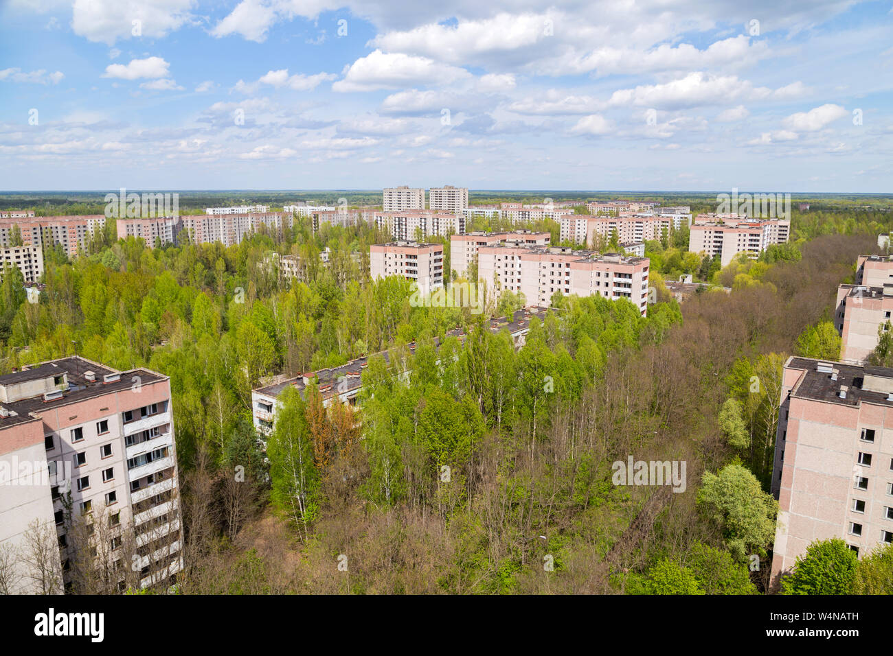 Aerial view on residential area of abandoned Pripyat city in Chernobyl ...