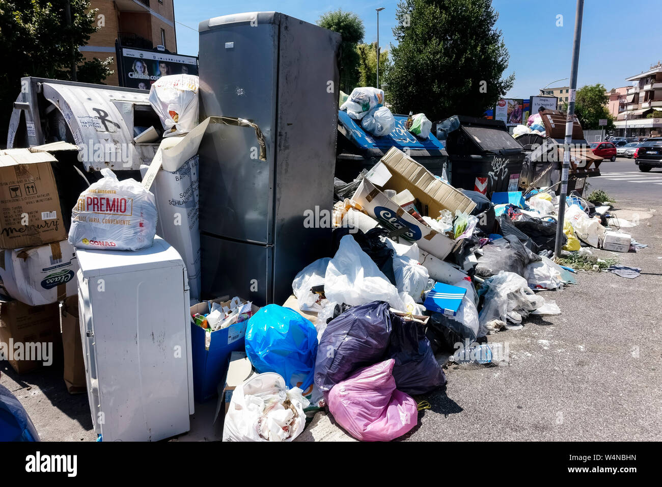 Piles of garbage on the streets due to fulls garbage bins, in front of ...