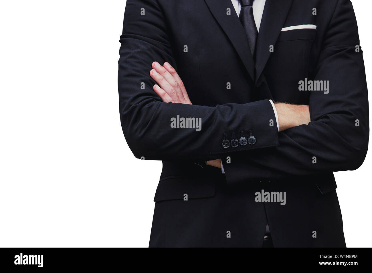 gentle serious working manager businessman arms cross isolated on white ...