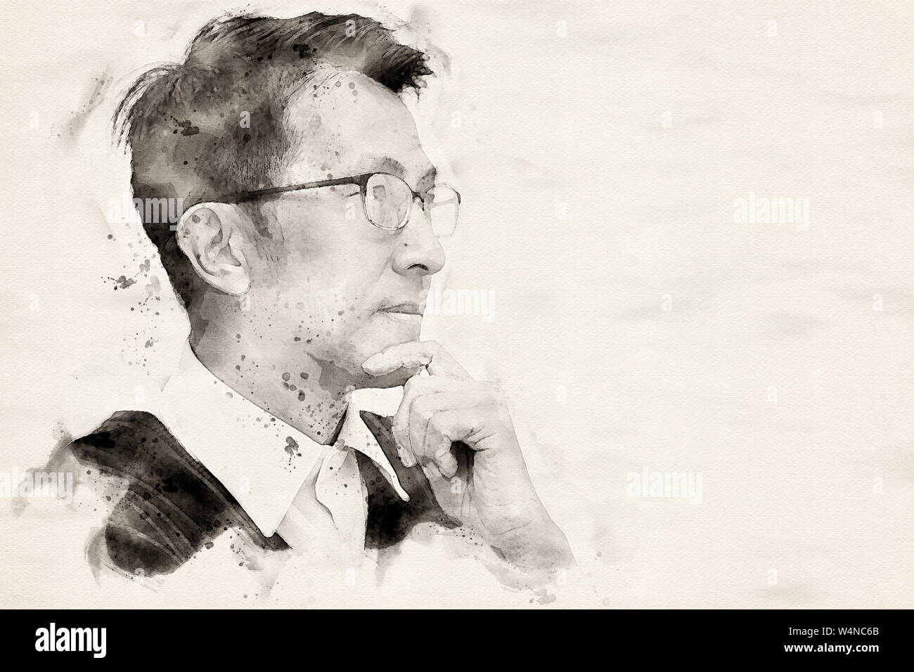 glasses man thinking with water color painting effect Stock Photo - Alamy