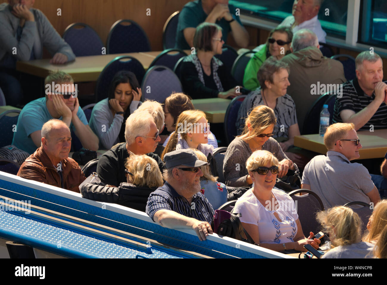 Hamburg, Germany, June 13., 2019: A group of people on a boat trip ...