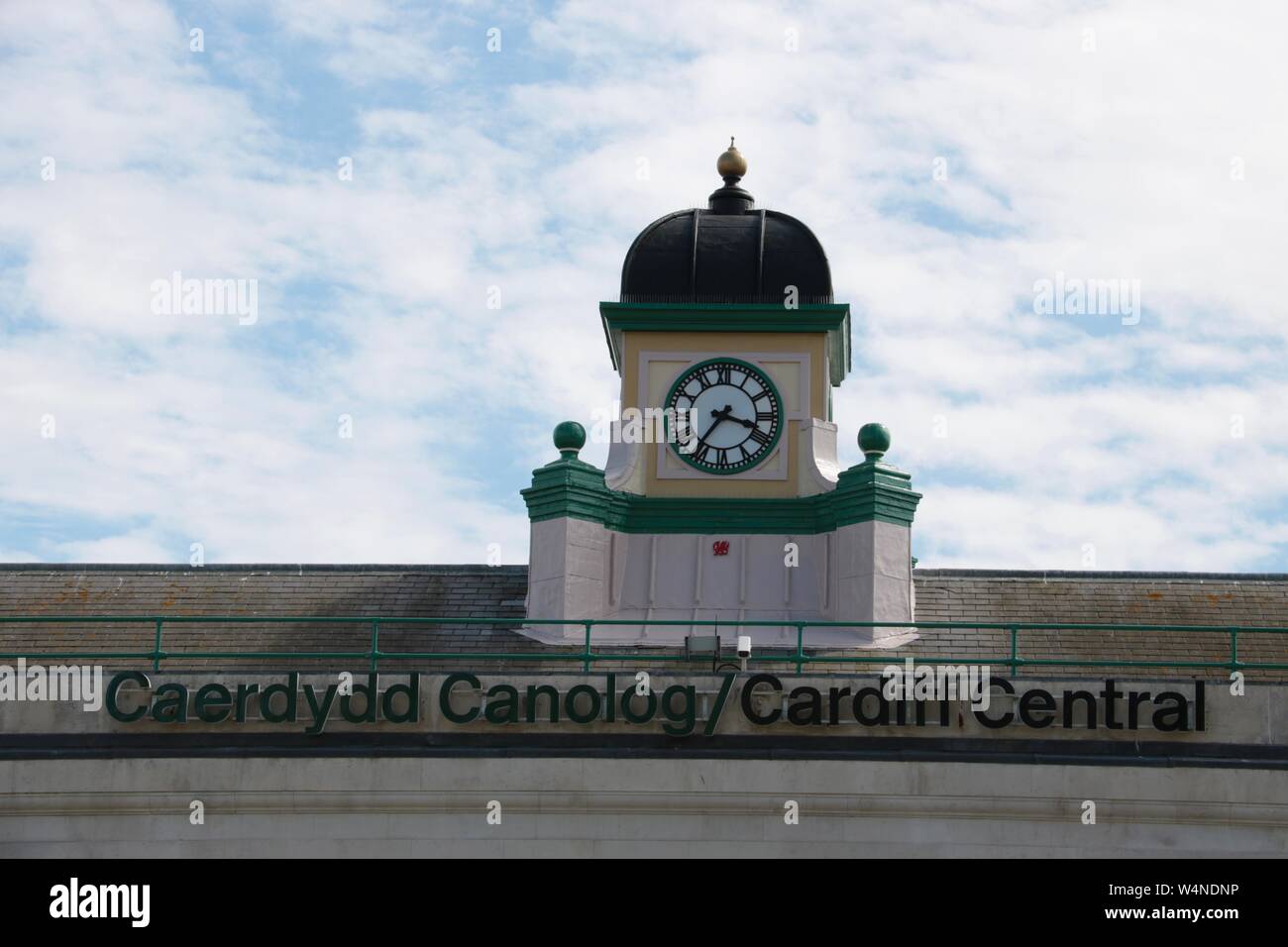 Cardiff, Wales, UK. May 25 2019. Cardiff Central Station's clock tower ...