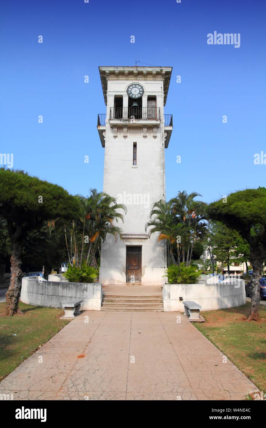 Miramar district in Havana, Cuba. Clock tower at 5th Avenue Stock Photo ...