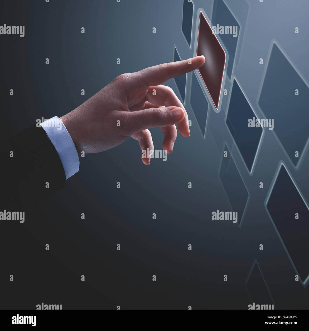 businessman points finger on red button Stock Photo - Alamy