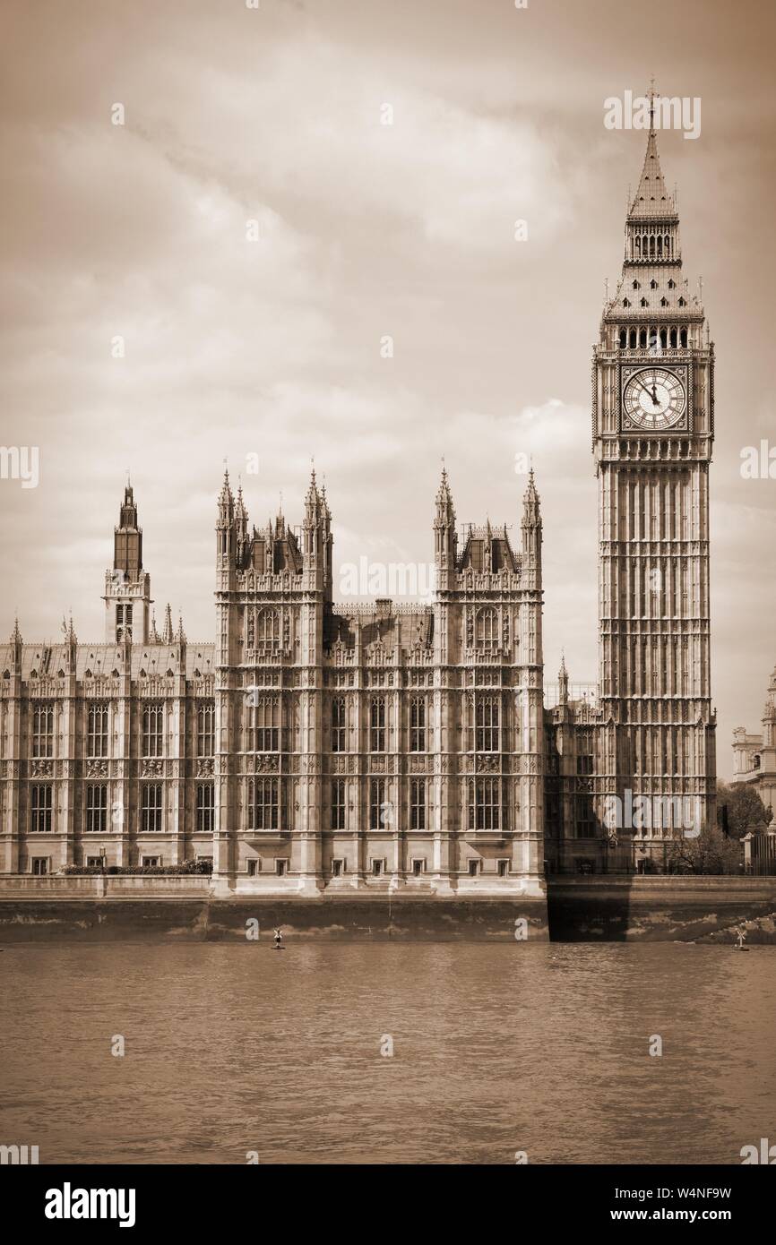 London, United Kingdom - Palace of Westminster. Sepia tone - filtered ...