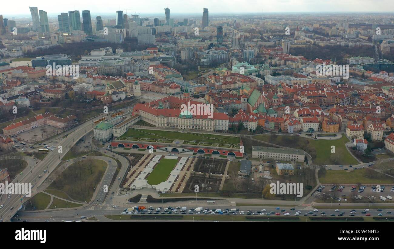 Establishing aerial shot of Warsaw downtown in the evening, Poland ...
