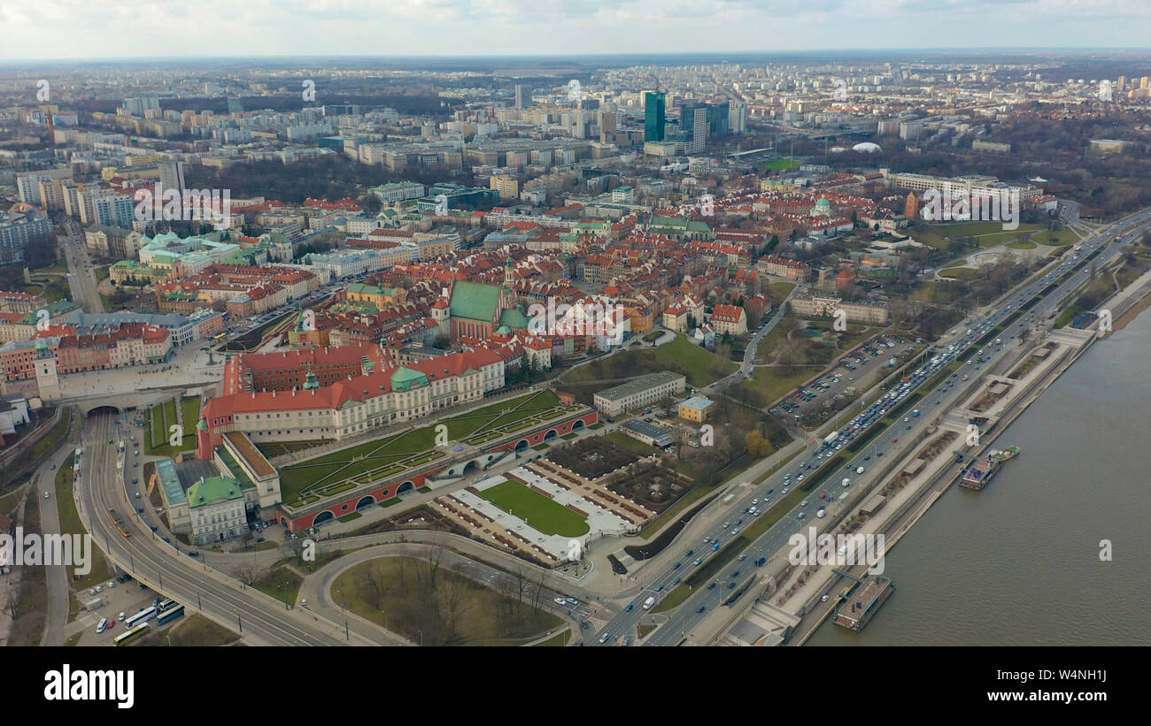 Establishing aerial shot of Warsaw downtown in the evening, Poland ...