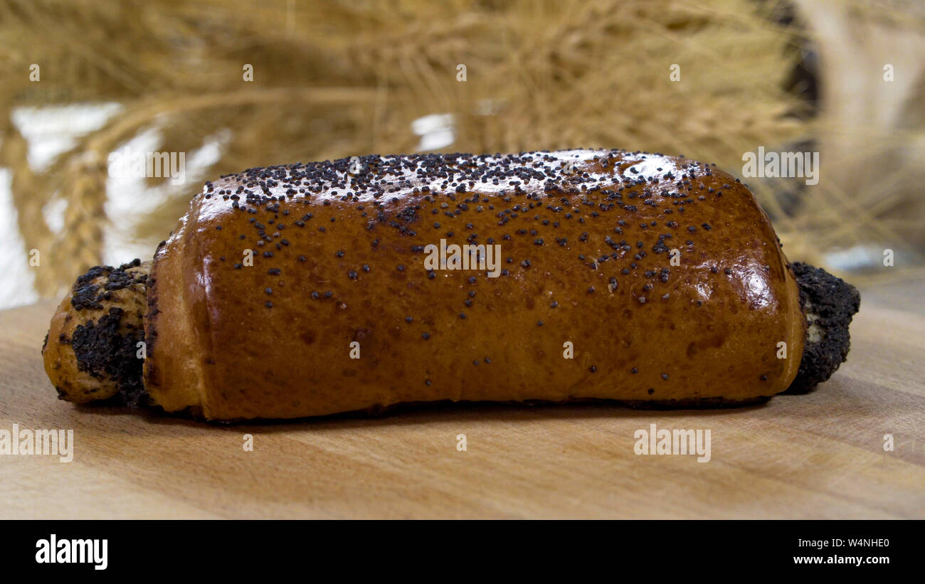 Loaf of bread on the production line in the bakery. Baked loaf of bread ...