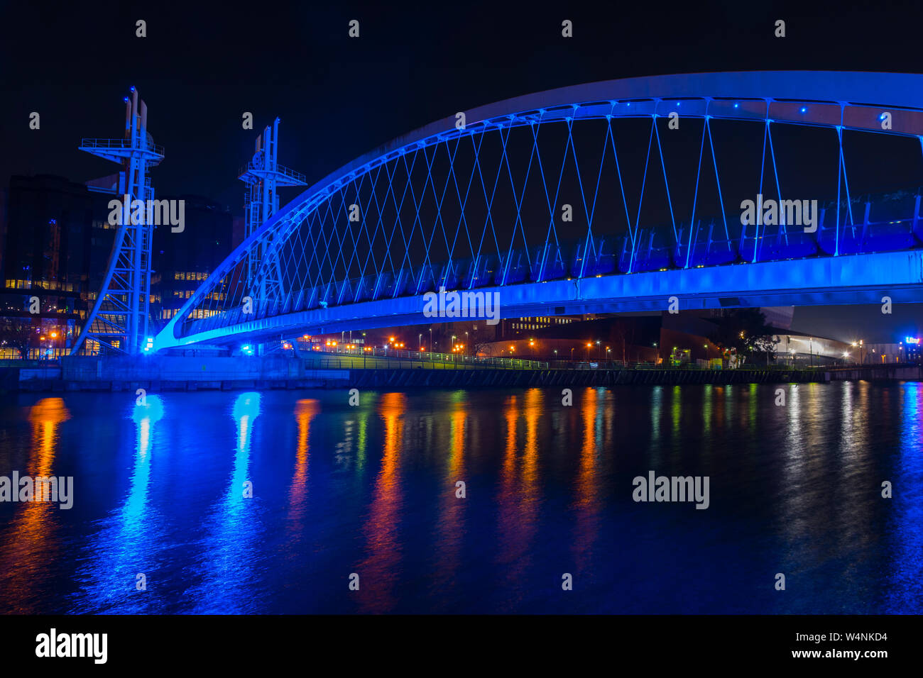 The Millennium (Lowry) footbridge at night. Over the Manchester Ship ...