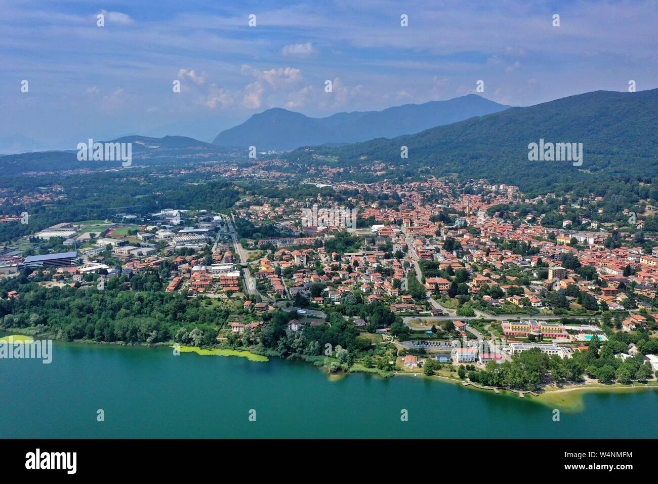 aerial view of Lake Varese with the cities of Gavirate, Biandronno ...