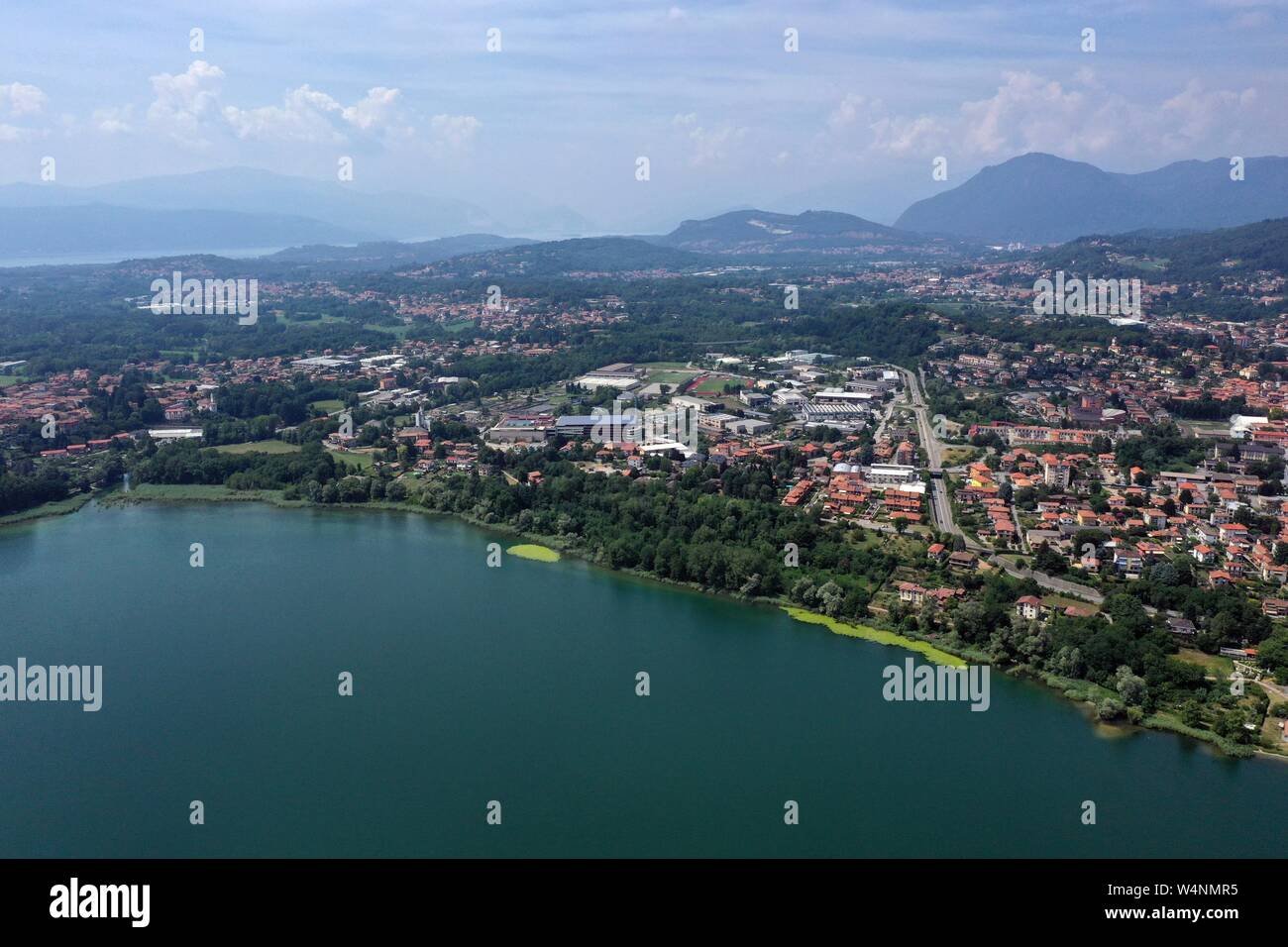 aerial view of Lake Varese with the cities of Gavirate, Biandronno ...