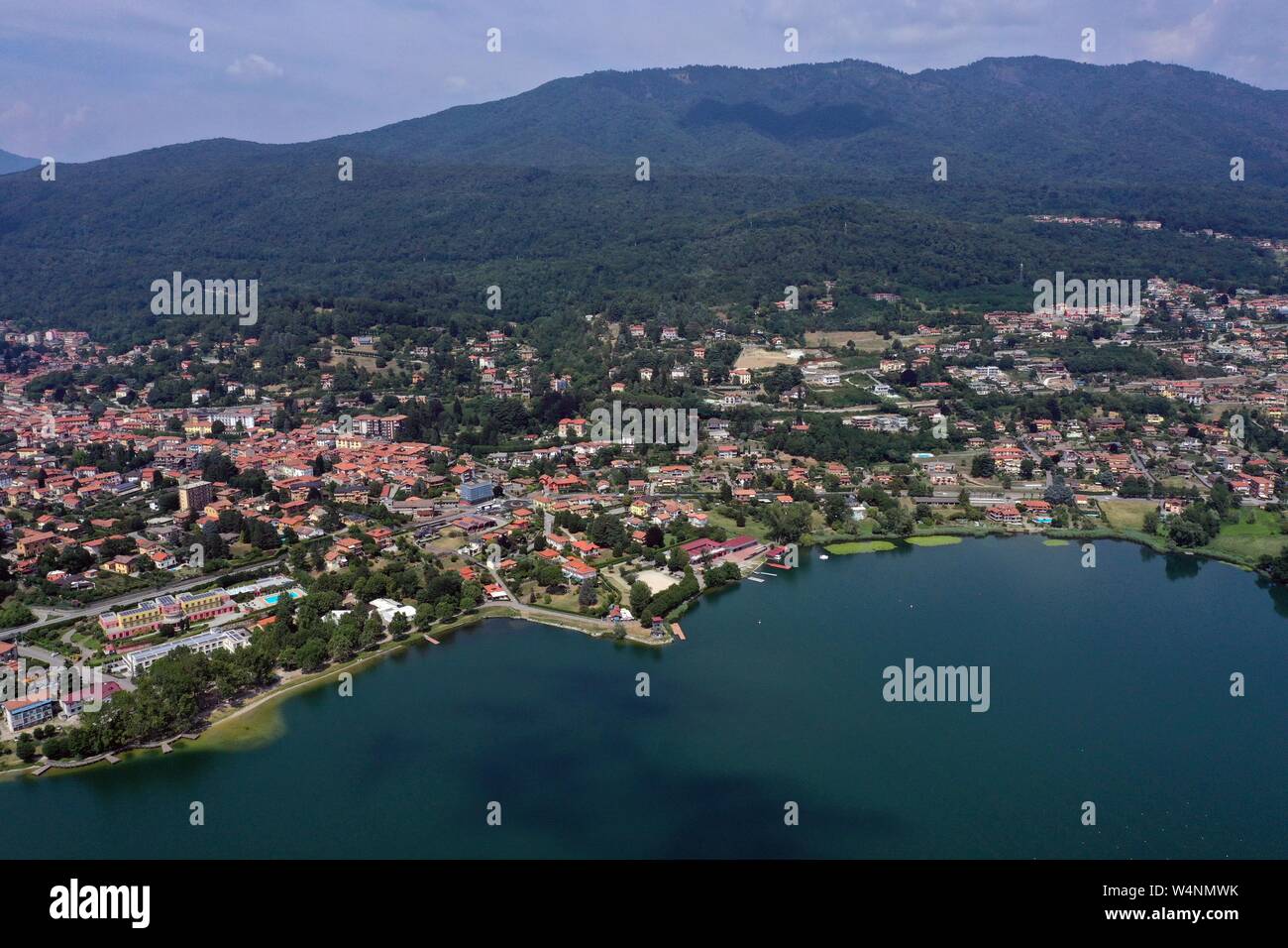 aerial view of Lake Varese with the cities of Gavirate, Biandronno ...