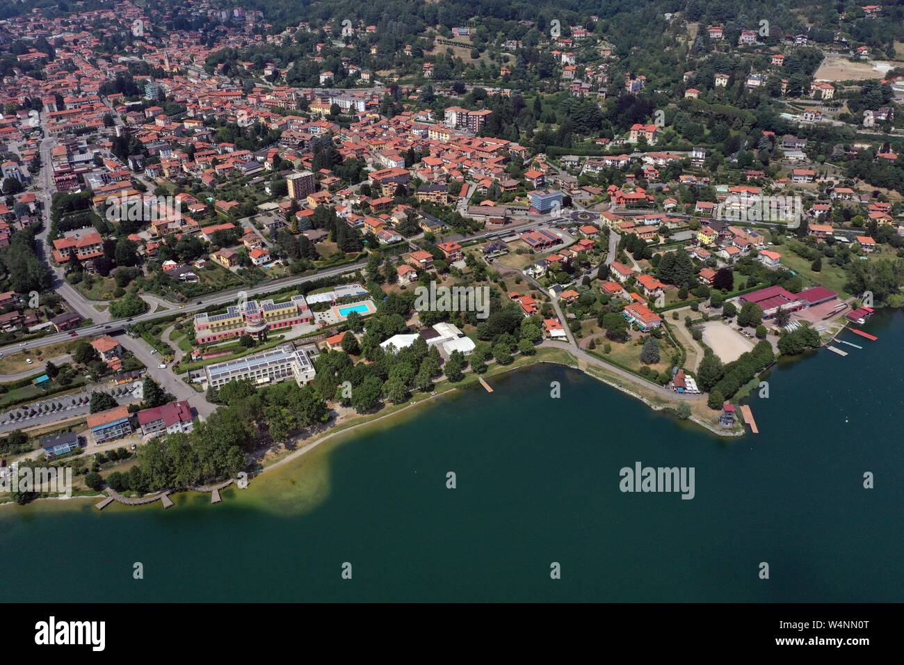 aerial view of Lake Varese with the cities of Gavirate, Biandronno ...