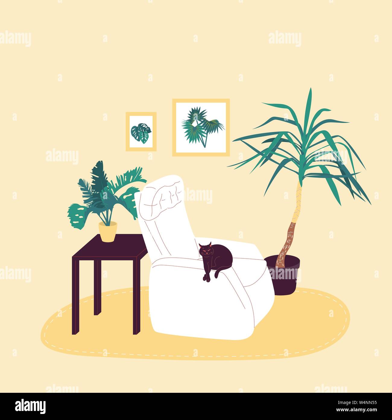 Cosy room interior with black cat in armchair. Isolated on white ...